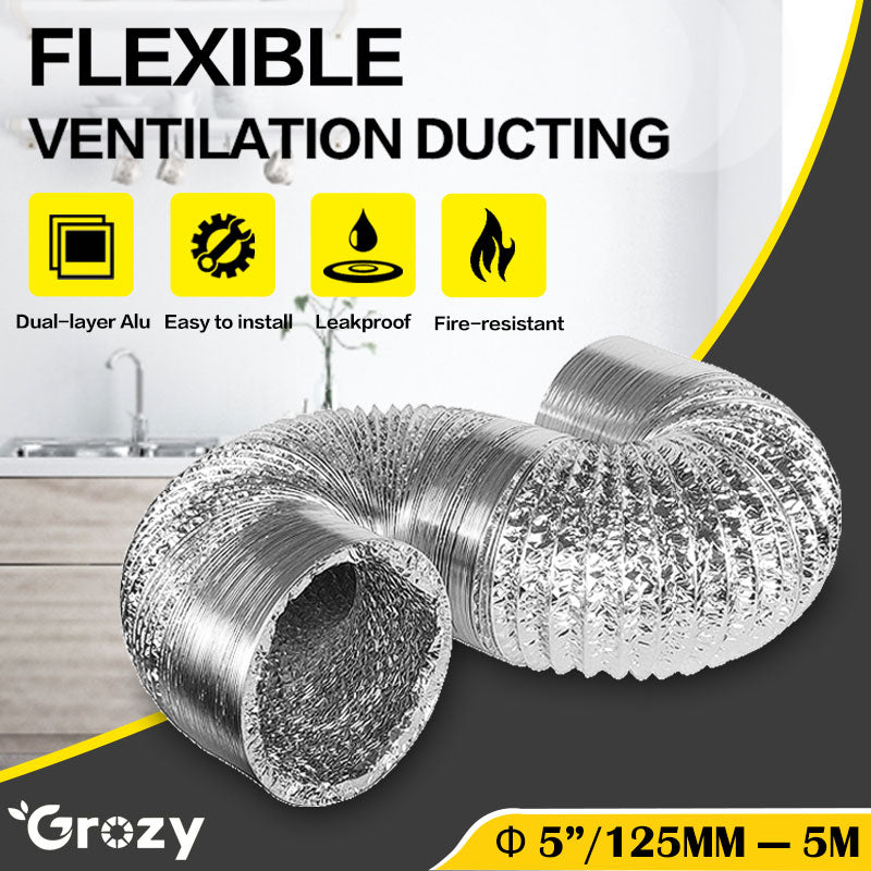 5 inch 5"/125mm Dual Layers Air Aluminum Ducting Kitchen Low Noise Ven ...